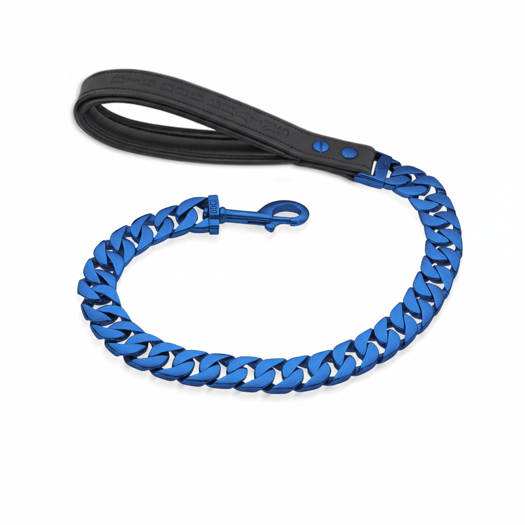 THE NIPSEY Blue Cuban Link Dog Leash 1 Inch - Premium Leather Handle ...